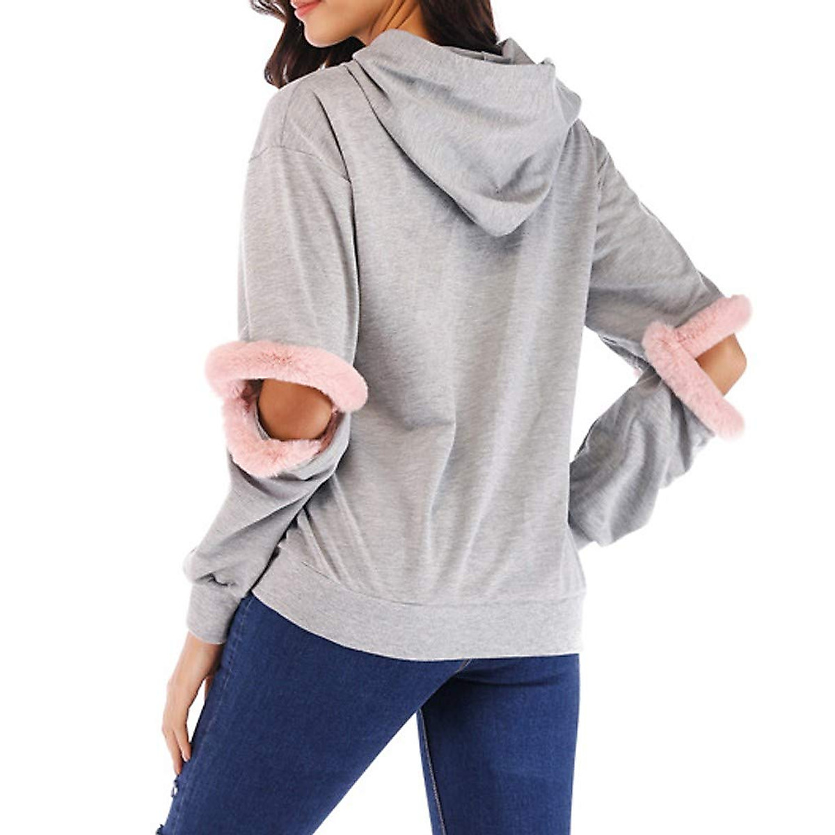 Patchwork Top for Women Sweatshirt Casual Loose Gray Pullover Long Sleeve Hole Plush Style Fashion Outwear (Gray,M)