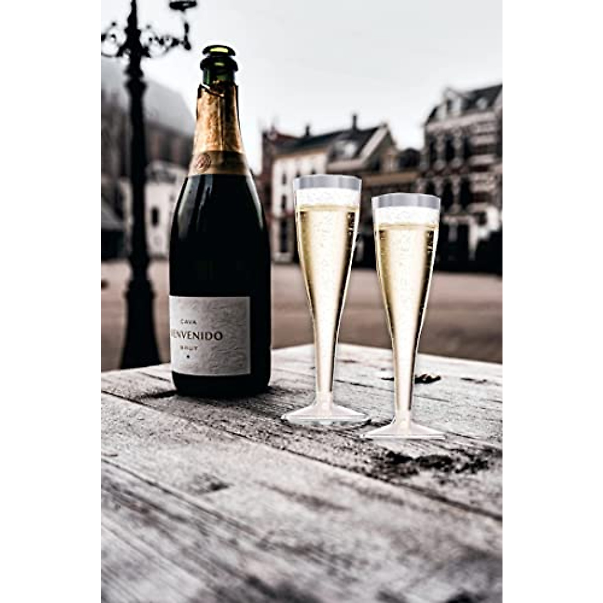 BloominGoods 50 Plastic Silver Glitter Champagne Flutes | 7 oz. Clear Hard Disposable Party & Wedding Glass | Premium Heavy Duty Fancy Cup (50-Pack)