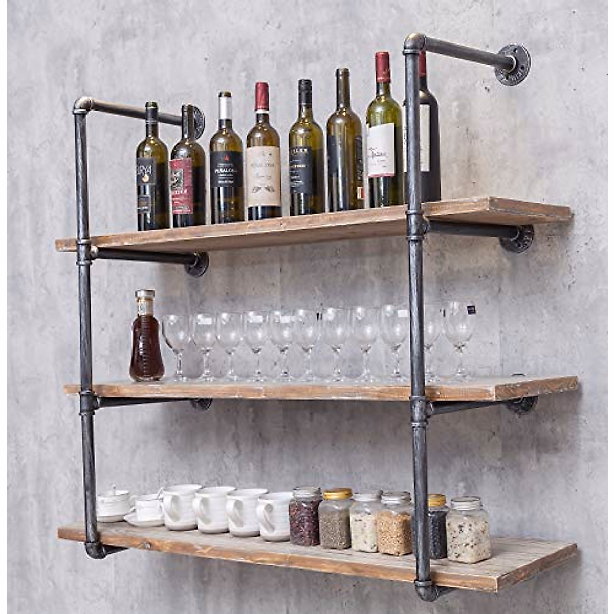 Industrial Wall Mounted Iron Floating Pipe Shelves/Racks/Storage/Bookcases, DIY Open Bookshelves/Shelving for Kitchen/Office, Retro Black,(4-Tier Shelf Brackets,Not Include Planks)