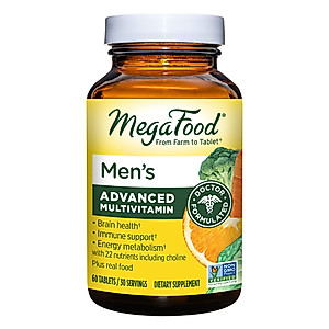 MegaFood Men's Advanced Multivitamin for Men - Doctor -Formulated - Choline, Vitamin B12, Vitamin D, Vitamin C & Zinc - Brain Health & Immune Support - Non-GMO - Vegetarian - 60 Tabs (30 Servings)