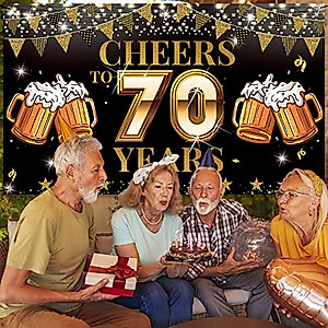 70th Birthday Decorations Banner for Men Women, Cheers To 70 Years Birthday Party Sign, 70 Years Old Birthday Backdrop, Black Gold 70th Anniversary Photo Props for Outdoor Indoor, Large, Vicycaty