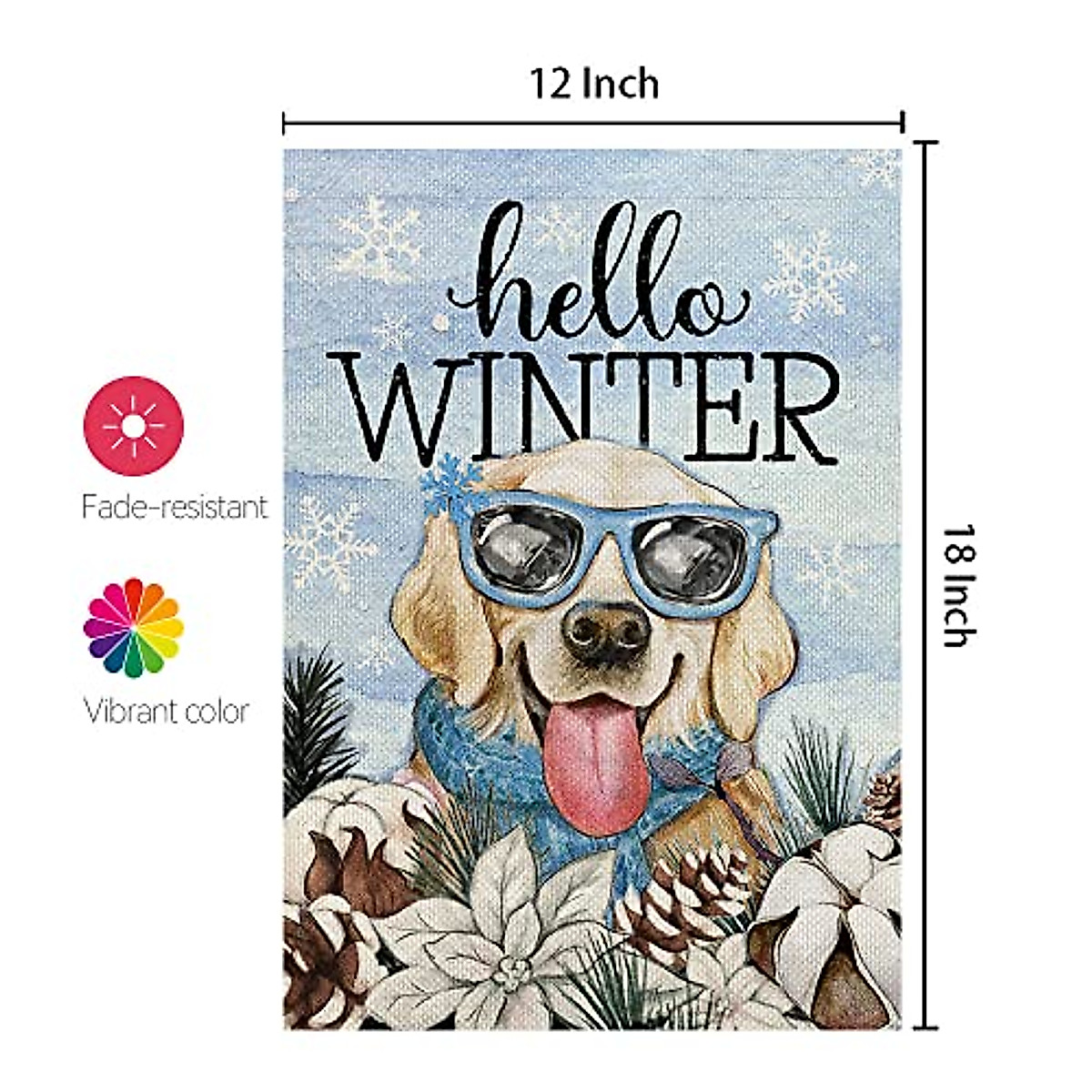 CROWNED BEAUTY Hello Winter Dog Golden Retriever Garden Flag 12x18 Inch Small Double Sided Yard Decorative Holiday Seasonal Outside Welcome Burlap Farmhouse Decoration