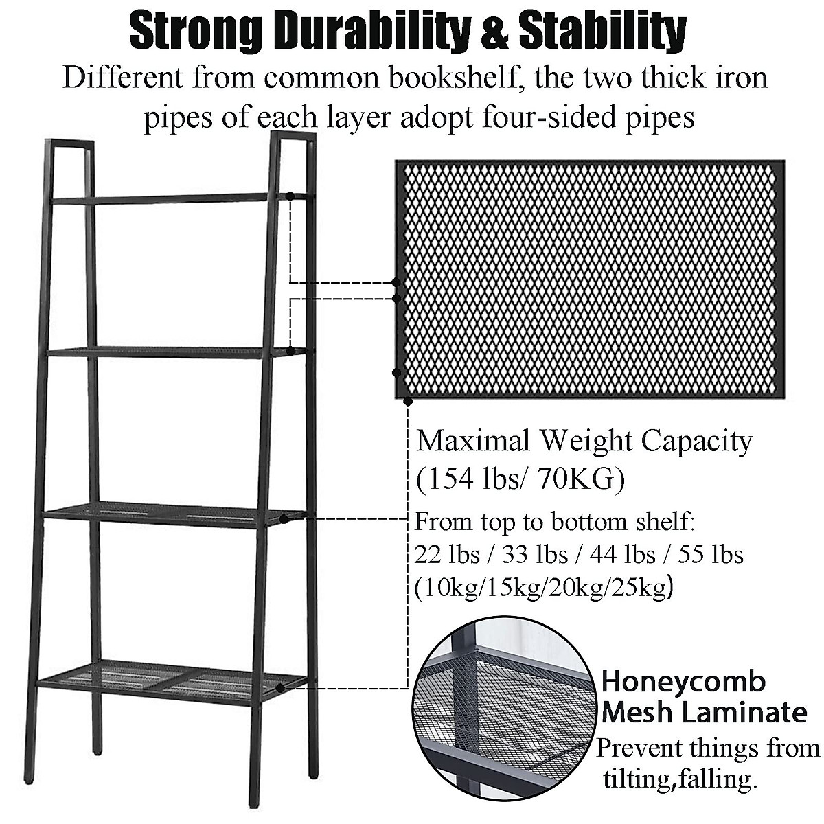 WillingHeart Ladder Shelf 4-Tier Bookshelf Plant Flower Stand Storage Rack Industrial Organizer Modern Shelves Shelving Bookcase Iron Stable Metal Frame Furniture Home for Living Room Kitchen Office