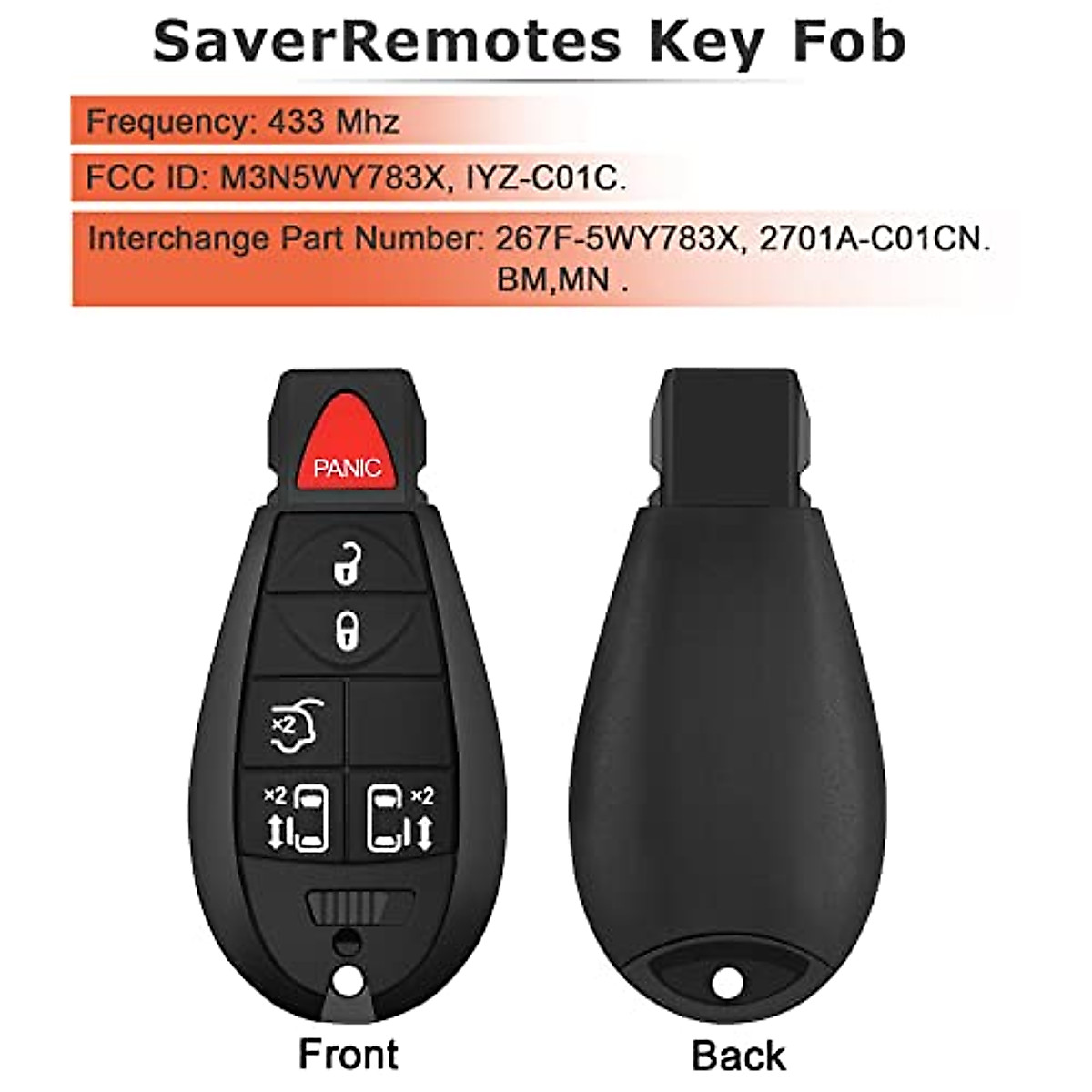 SaverRemotes 6 Button Key Fob Compatible for 2008-2015 Chrysler Town and Country，2008-2014 Dodge Grand Caravan