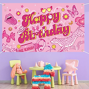 Qpout Pink Preppy Birthday Backdrop with Polyester Fabric, Hot Pink Theme, for Girls Women Party Decorations