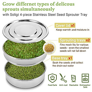 SOLIGT Stackable Stainless Steel Seed Sprouting Kit, 2-Tier Mesh Sprouting Trays, 1 Base and 1 Cover Lid