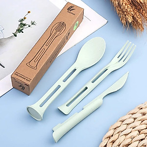 3pcs/set 3 in 1 Travel Portable Cutlery Set Japan Style Wheat Straw Knife Fork Spoon Student Dinnerware Sets Kitchen Tableware (Green)