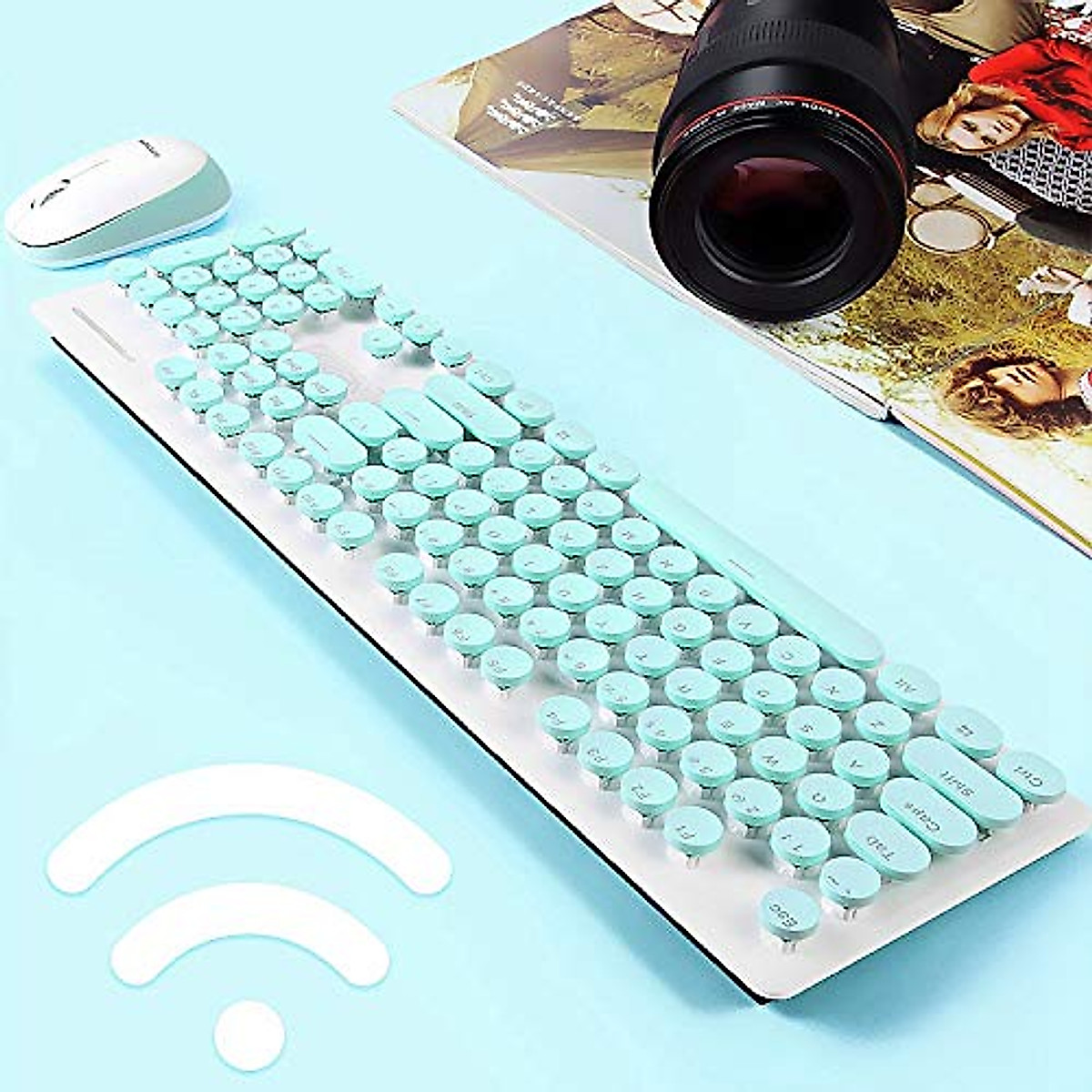 CORN Technology N520 Ergonomic Design, Retro Chiclet Round Keycaps, 2.4GHz Wireless Connectivity Silent Typing Keyboard and 1600DPI Mouse Combo for Office and Game (Blue)