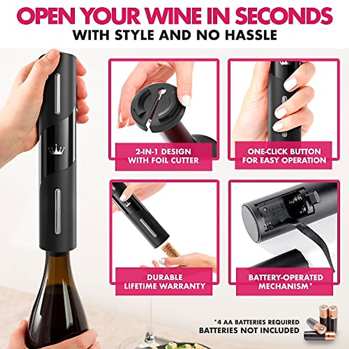 VINABON Electric Wine Opener - New 2023 Battery-Operated Electric Wine Bottle Opener with Wine Foil Cutter - One-Click Reusable Automatic Electronic Wine Opener Corkscrew. Includes WineGuide Ebook