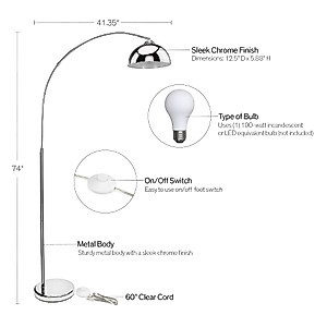 Catalina 76" Mid-Century Modern Over-The-Sofa Curved Metal Arc Floor Lamp with Heavy Base, Classic Chrome