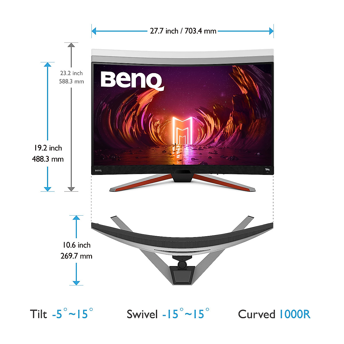 BenQ MOBIUZ EX3210R Curved Gaming Monitor 32" QHD 1440p 165Hz 1ms w/Remote | HDRi | 1000R | Color Optimizer | Freesync Premium Pro | Eye-Care | Height, Swivel & Tilt | 2.1ch w/ 5w sub | USB Hub
