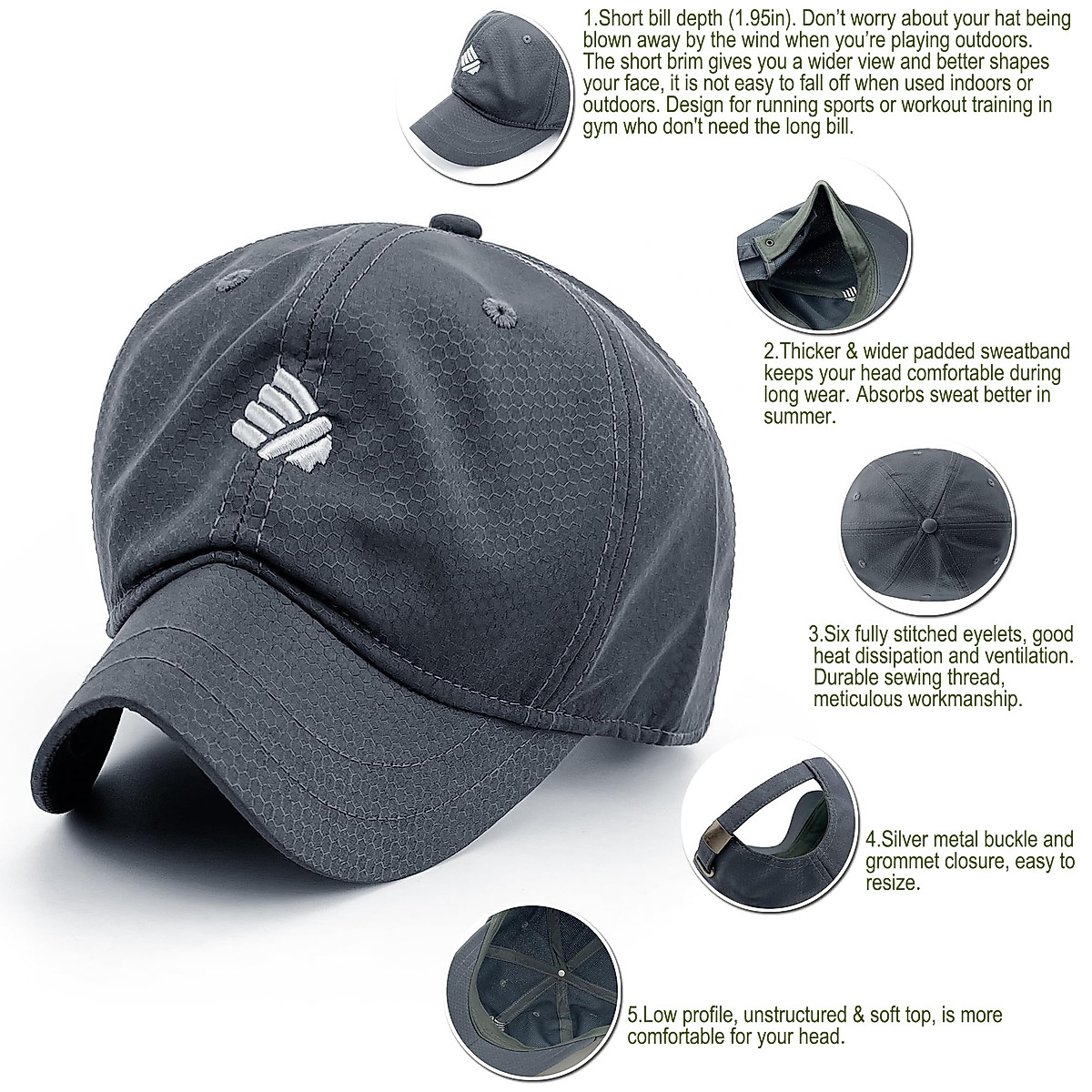 REDSHARKS mens Structured Short Bill Quick Dry Brim Trucker Baseball Dad Cap, Grey, X-Large