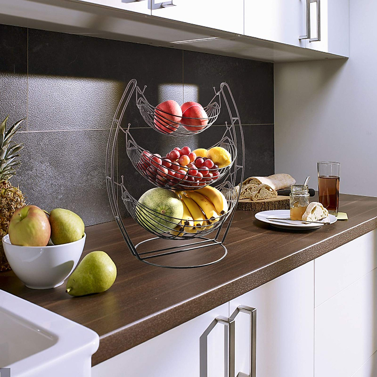 YCOCO Fruit Basket for Kitchen,Black Detachable Countertop Metal Food Vegetable Storage Stand 3 Tier Fruit Holder Display,for Farmhouse,Living Room,Dining Room