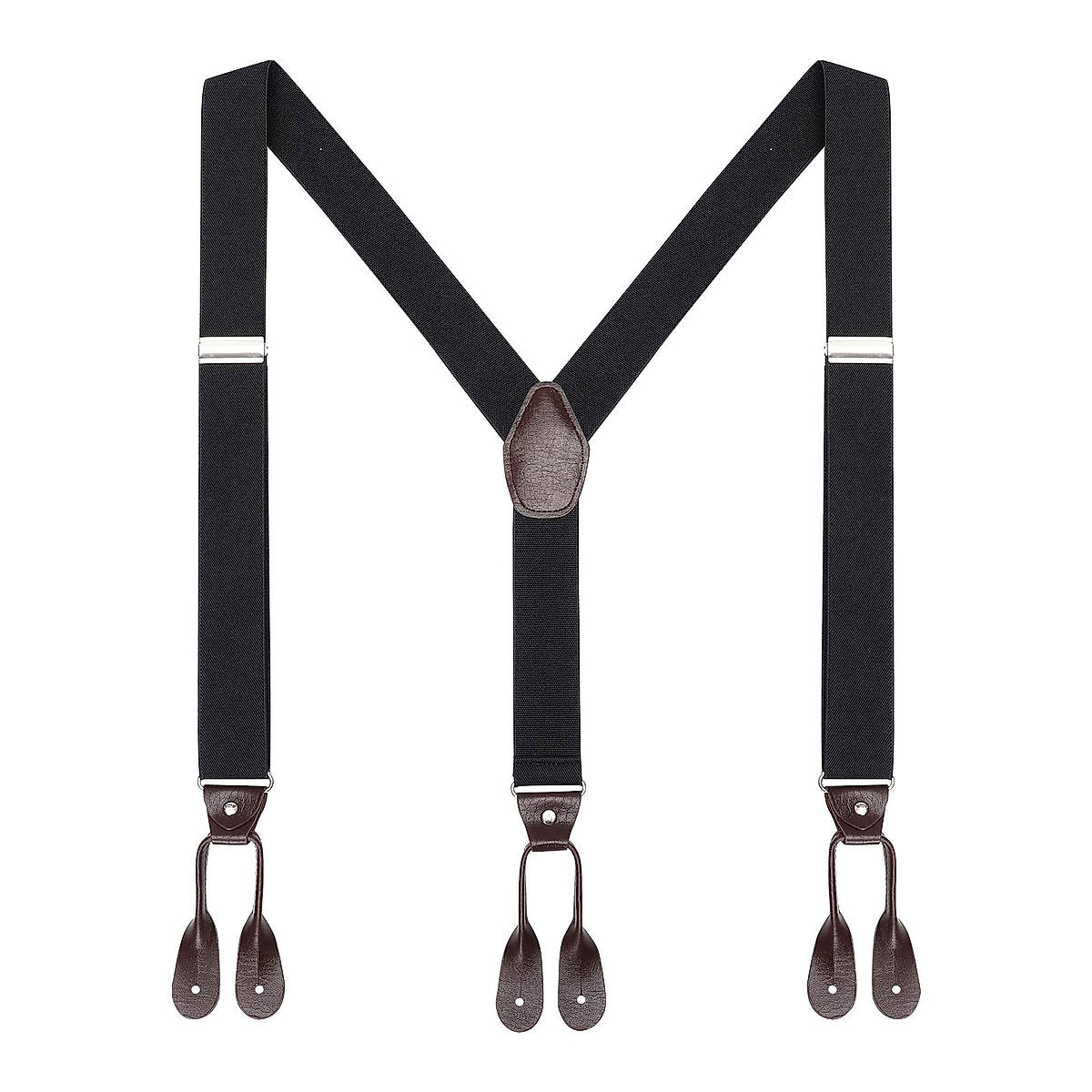AWAYTR Mens Brown Button End Suspenders - Adjustable Elastic Y Shape Tuxedo Suspender (Black)