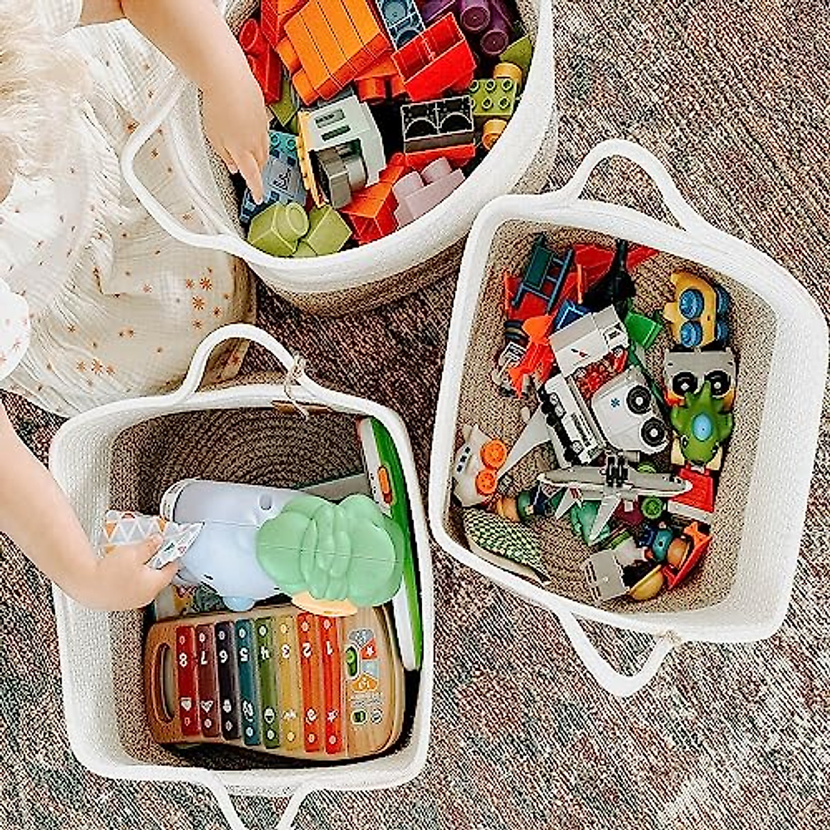Goodpick Woven Storage Basket for Shelves, Cotton Rope Dog Toy Bin, Empty Gift Basket with Handles, Square Baskets for Storage Shelves, Brown and White Storage Bin, 13.5 x 11 x 9.5 Inches