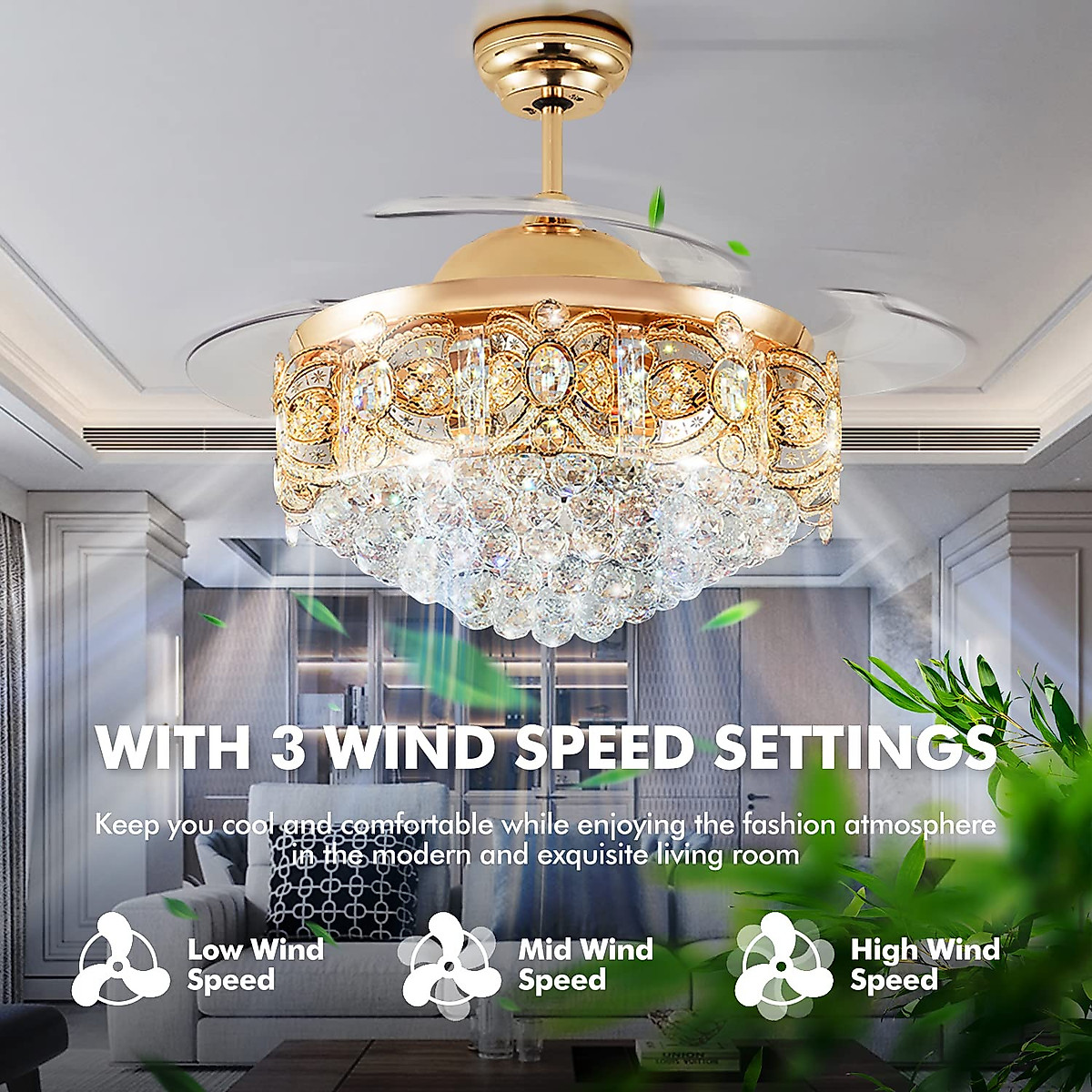 KPIBEST 42 Inch Crystal Ceiling Fan with Lights and Remote Control 3 Speed, Modern Luxury Retractable Chandelier Ceiling Fan with 3 Lights Level Silent Fans Fit for Living/Dining Room Bedroom