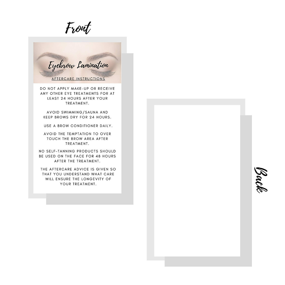 Eyebrow Lamination Aftercare Instruction Cards | Physical Printed 2 x 3.5” inches Business Card Size | White with Brow Photo Design | Starter Lift Kit with Tint at home diy aftercare supplies