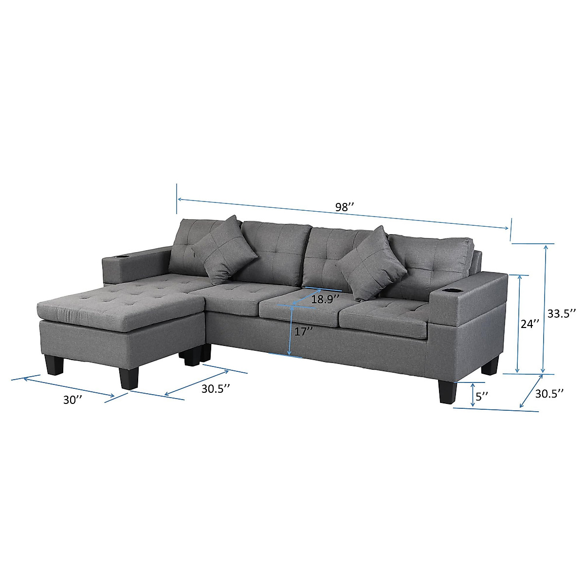 Morhome Upholstered Reversible Sofa,Modern L Shaped Couch with Left Or Right Hand Chaise and Cup Holder for Living Room Small Space