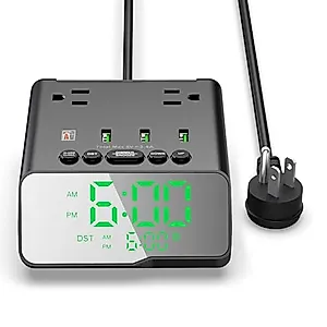 Electronic Alarm Clock with USB Charger Power Strip, 6FT Power Cord Alarm Clock Charging Station with 4 USB Ports and 2 Outlets for Bedside, Home, Hotel (Adjustable Brightness, ON/Off Switch)