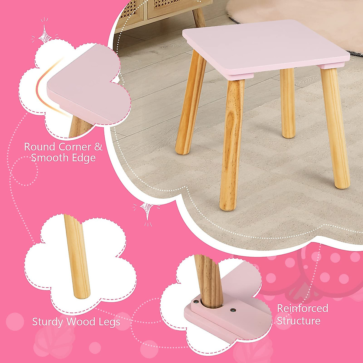 HONEY JOY Kids Vanity, Strawberry Themed Princess Makeup Vanity Set for Little Girls, Real Oval Mirror, Toddler Bedroom Dressing Table & Stool Set, Wooden Girls Vanity Set with Mirror and Stool, Pink