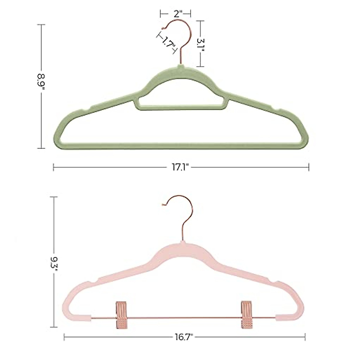 SONGMICS 50-Pack Velvet Hangers and 24-Pack Pants Hangers Bundle, Clothes Hanger with Rose Gold Swivel Hook, Coat Hangers with Movable Clips, Pale Green and Light Pink UCRF021GR50 and UCRF14PK24