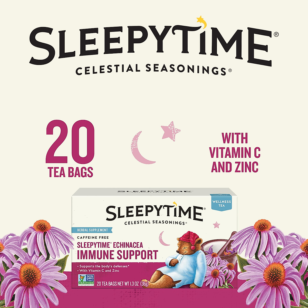 Celestial Seasonings Sleepytime Wellness Echinacea Immune Boost, Caffeine Free, 20 Tea Bags Box, (Pack of 6)