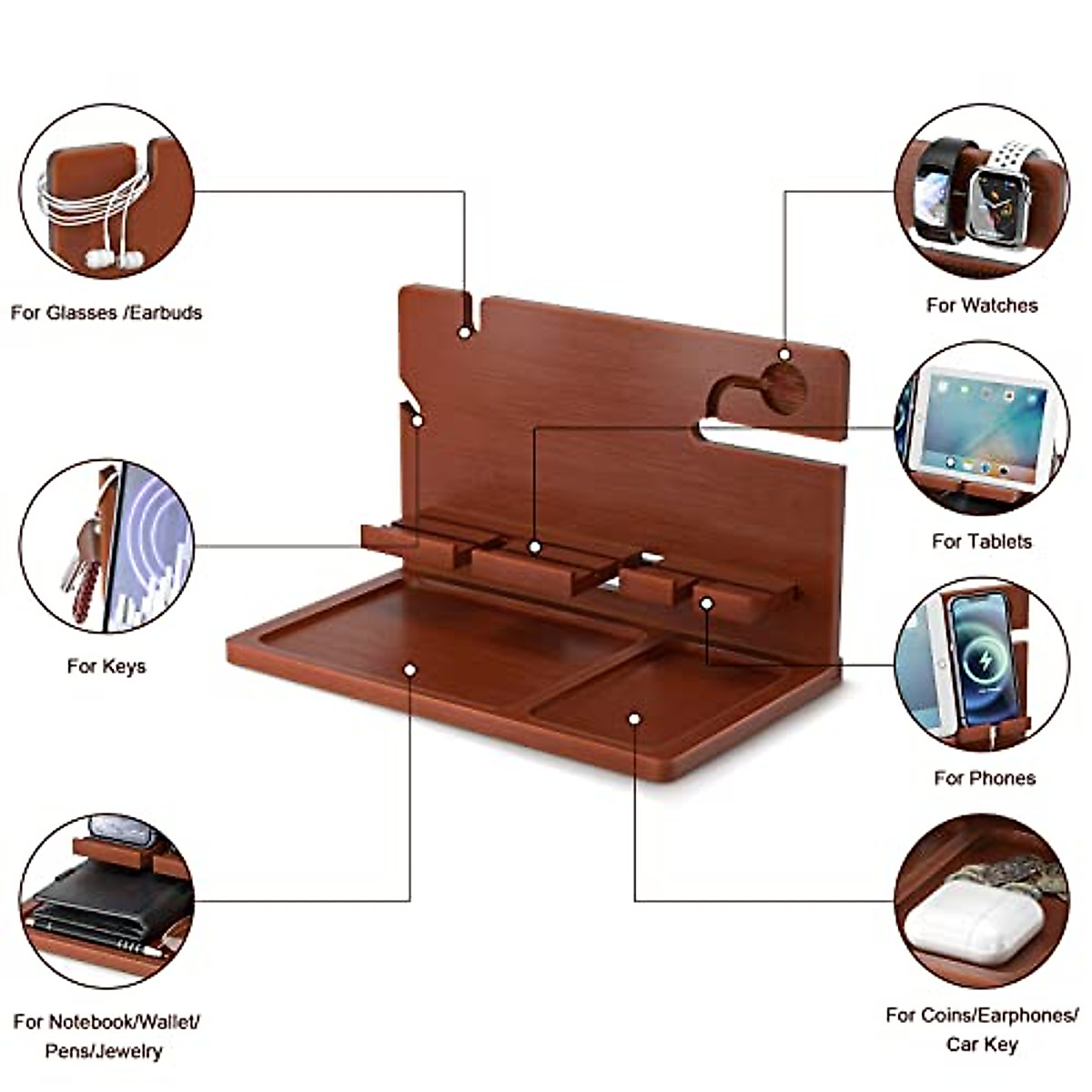 Nightstand Organizer for Men, CALM COZY Bamboo Cell Phone Docking Station, Gifts for Him, Birthday Gifts for Dad, Wallet and Key Organizer, Watch, Tablets, Rings, Glasses Put Together