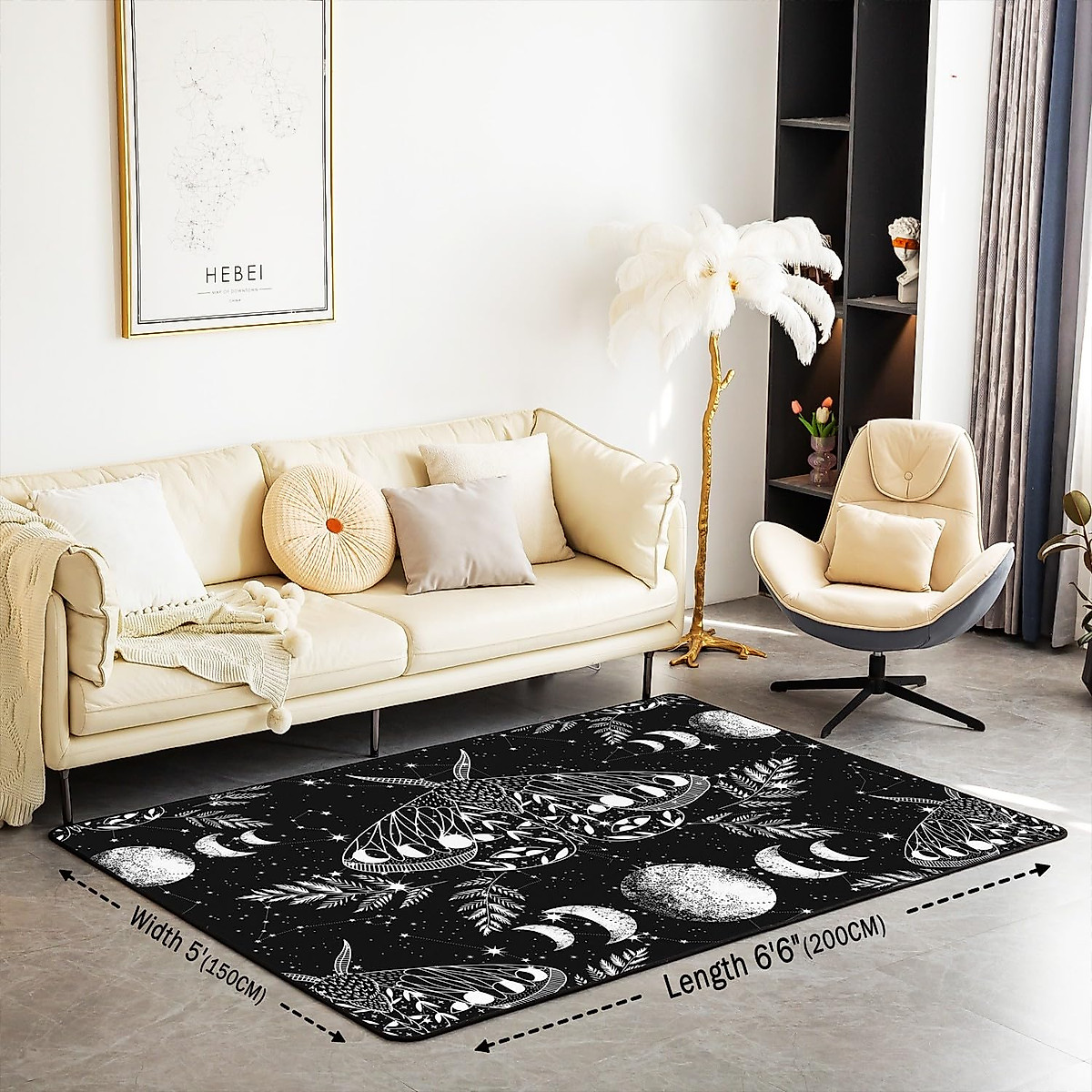 Gothic Moth Area Rug 5x7, Skeleton Halloween Boho Death Moth Decor Rug, Animal Skeleton Skull Carpet Runner Non Slip, Bohemian Sun and Moon Area Rugs for Bedside Living Room Dining Room Under Table