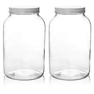 kitchentoolz 1 Gallon Glass Jar with Lid Wide Mouth Large Mason, Leak Proof Airtight Metal Lid for Fermenting Kombucha Kefir Kimchi, Canning, Egg Water Glassing, & Preserving Pack of 2