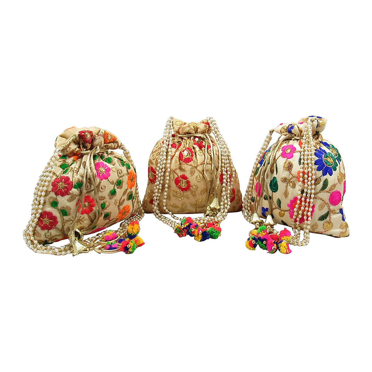 GoldGiftIdeas Ethnic Kuchhi Flower Embellished Potli Bags with Pearl Handle, Potli Bags for Return Gift, Bridal Potli Bags for Wedding,Shagun Potlies, Traditional Party Favor Bags (Set of 3)