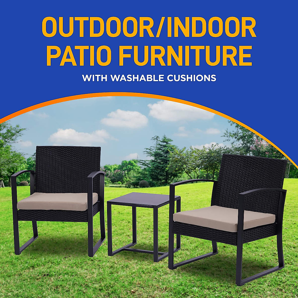 Patio Outdoor Rattan Furniture Set, 3 Pcs. Per Set - Includes 2 Single Chairs with Soft Cushion and 1 Glass-top Coffee Table, Black Weather-Resistant Resin Wicker Rattan
