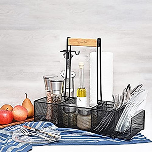 OMAIA BBQ and Grill Caddy with Paper Towel Holder, Wood Handle & 2 Hooks – Camper Accessories Condiment Caddy – Plates, Cutlery and BBQ Organizer for Camping Outdoor, RV - US Patent Pending