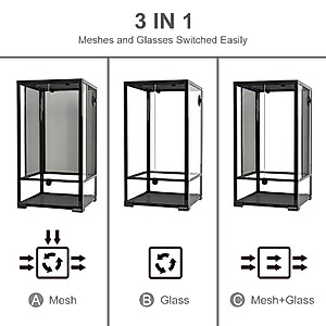REPTI ZOO 3 in 1 Reptile Tall Terrarium, 16"x16"x30" Rainforest Habitat Double Hinge Door with Screen Ventilation Reptile Terrarium