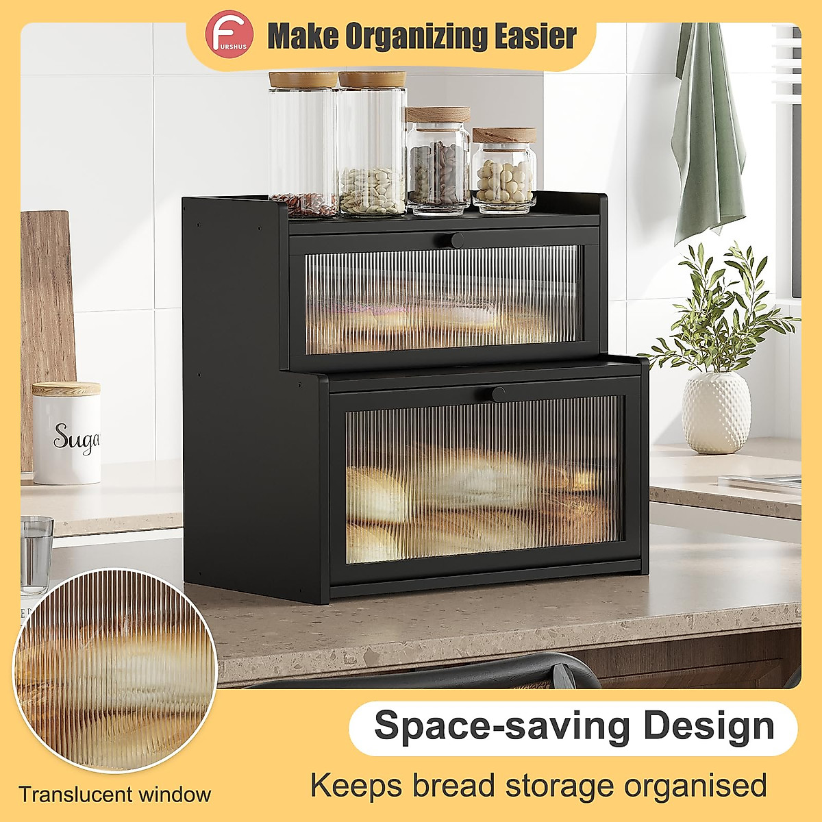Furshus Double Layer Bamboo Bread Box for Kitchen Counter, Countertop Bread Storage Container, Bread Container Bread Storage with Window Bread Holder (Black)
