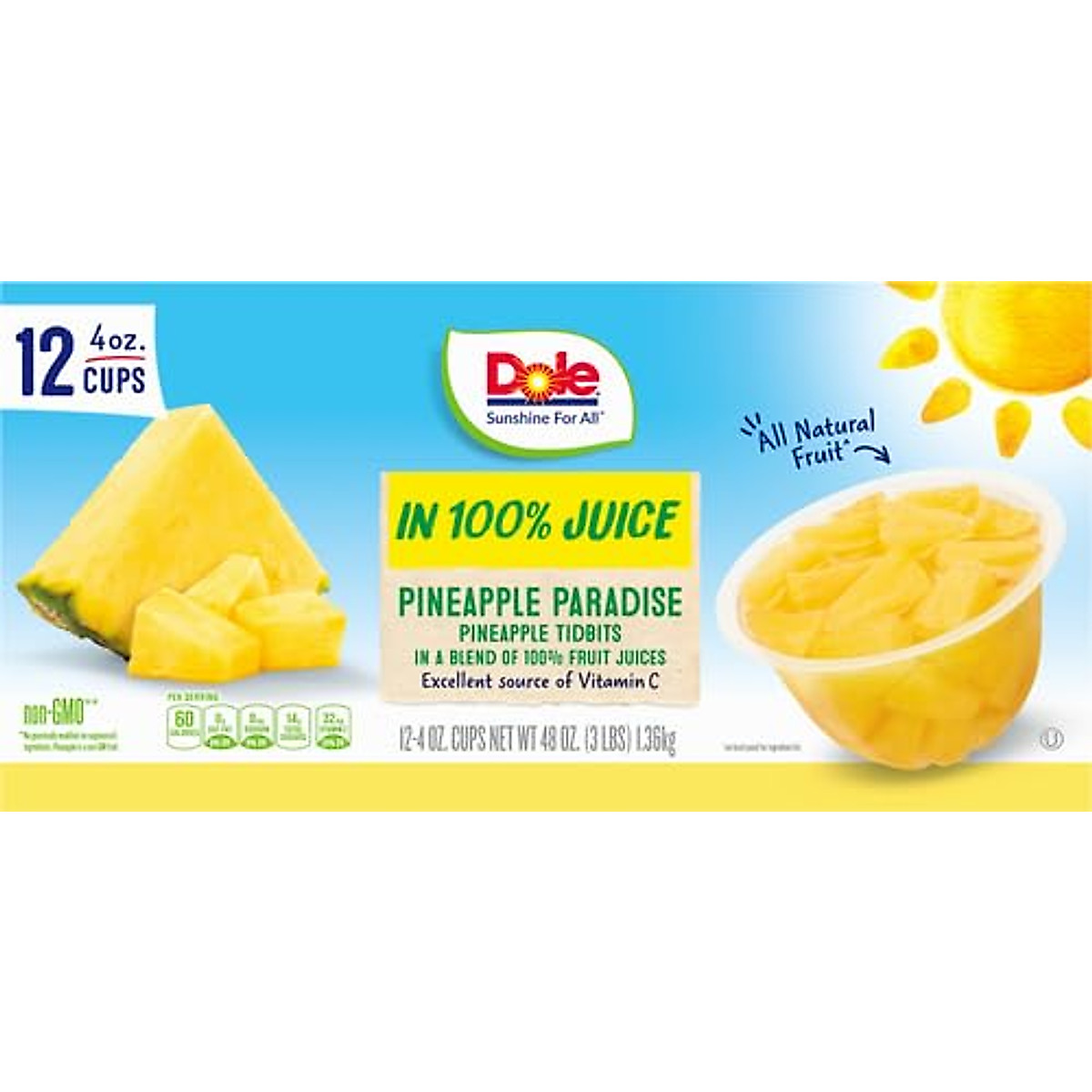 Dole Pineapple Paradise Pineapple Tidbits in a Blend of 100% Fruit Juices Snacks, 4oz 12 Total Cups, Gluten & Dairy Free, Bulk Lunch Snacks for Kids & Adults
