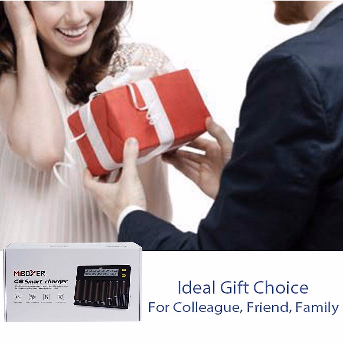 MiBOXER 18650 Battery Charger, 8-Bay Smart Charger with Automatic LCD Display, Fast Charge Rechargeable Li-ion LiFePO4 Ni-MH Ni-Cd AA AAA C 21700 26650 13650 16340 18350 18700 RCR123