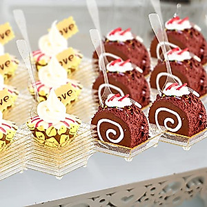 XUWAIDSGN 50 Pieces Mini Gold dessert plates 2.4 inch disposable Small Appetizer Plates with Forks Spoons Set Gold Glitter Plastic Square Tasting Sample Plates Party Mini Serving Tray for Appetizers