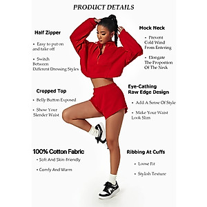 HerGymClothing Womens Cropped Sweatshirt Long Sleeve Half Zip Loose Workout Crop Athletic Jacket (Lava Red, M)