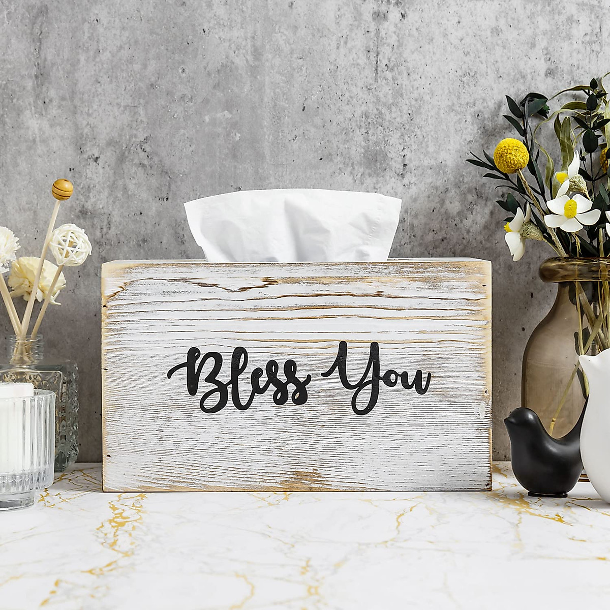 MyGift Rustic Whitewashed Solid Wood Tissue Box Holder Cover, Rectangular Tissue Holder with Easy Slide Out Bottom and Bless You Cursive Lettering