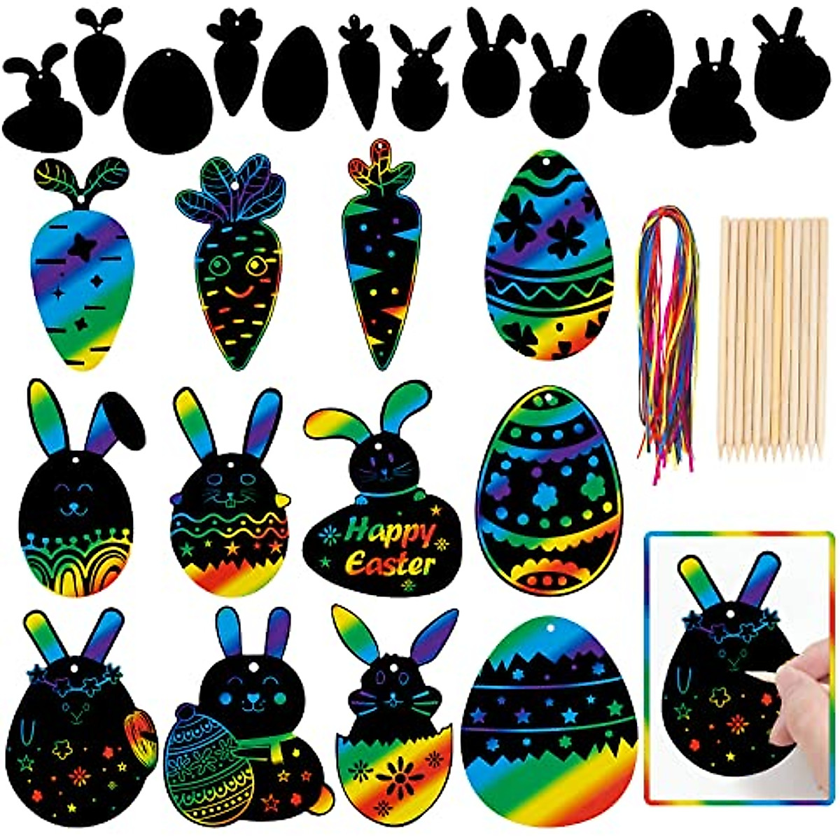 GOMANCHE 48 Pcs Easter Scratch Crafts for Kids, Rabbit Bunny Carrot Easter Egg Rainbow Scratch Paper Ornaments with Wooden Stick and Ribbon for Easter Party Favors