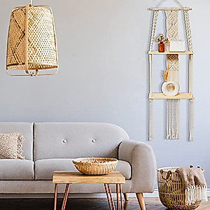 Macrame Wall Hanging Shelf, 2 Tier Boho Wall Shelves with Handmade Woven Rope, White Hanging Wall Shelf Bedroom Decor Wooden Hanging Storage Floating Shelves for Kitchen Living Room