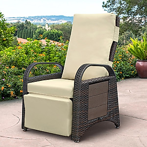 Skypatio Indoor/Outdoor Wicker Recliner Chair, Adjustable Backrest Patio Recliner Lounge Chair with Flip Side Table, Footrest and Soft Cushion(Khaki)