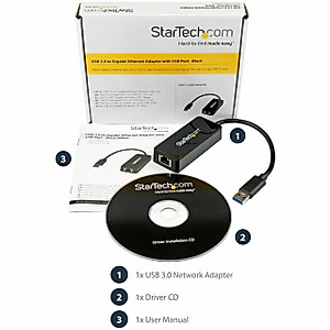 StarTech.com USB 3.0 Ethernet Adapter - USB 3.0 Network Adapter NIC with USB Port - USB to RJ45 - USB Passthrough (USB31000SPTB), Black, 0.7" x 1.4" x 5" x 5"