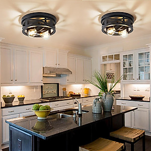 2-Light Black Flush Mount Ceiling Light Fixtures, Industrial Farmhouse Ceiling Light Fixture, Light Fixtures Ceiling Mount, Vintage Closed to Ceiling Mount Lamp for Hallway Kitchen Bedroom 2 Pack