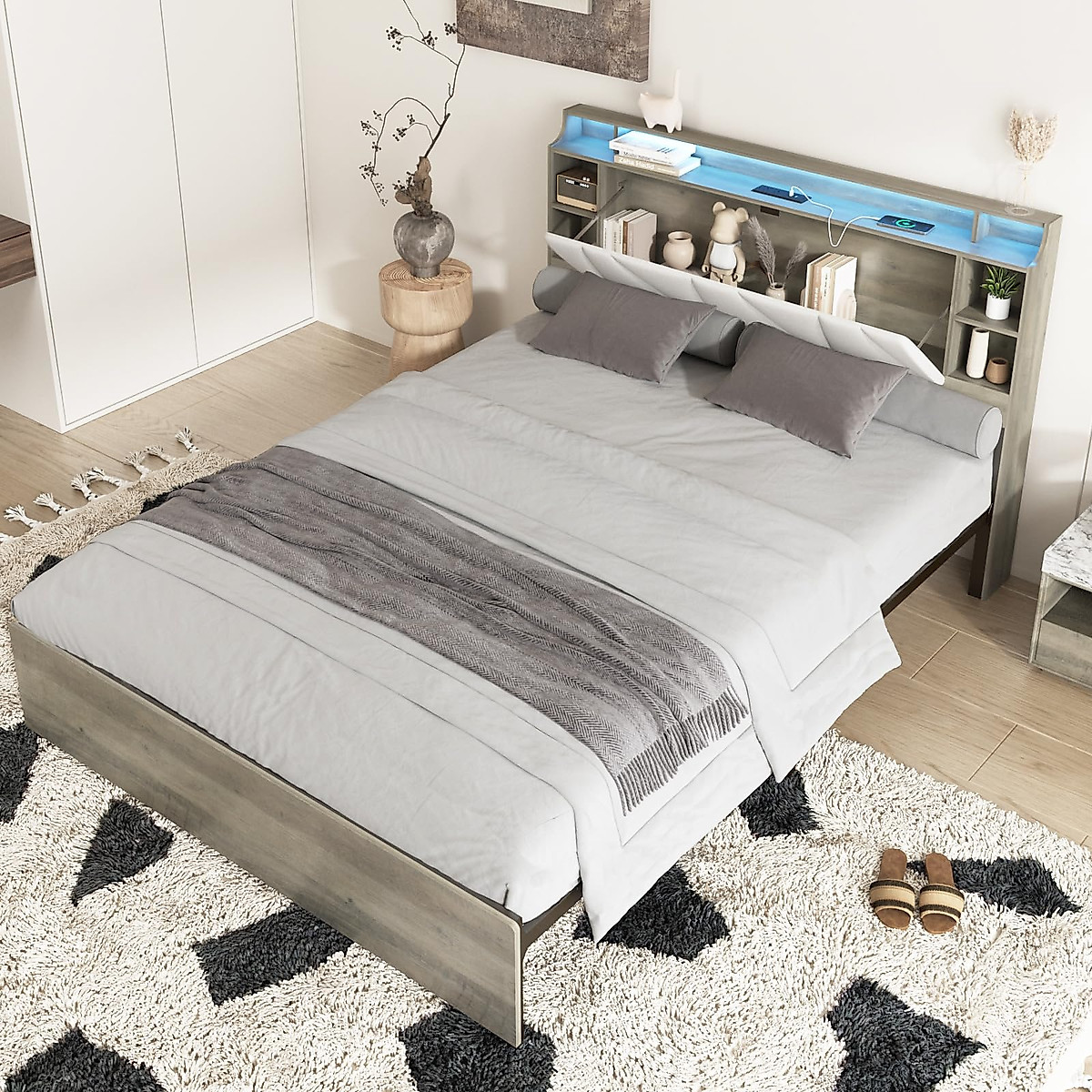 Full Size Bed Frames with Storage Headboard and LED Lights, Upholstered Platform Bed with Charging Station, Storage Space Under The Bed, Steel Slat Support, No Box Spring Needed, Noise Free