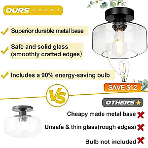 Industrial Semi Flush Mount Ceiling Light, 800 Lumen LED Bulb Included, Seeded Glass Shade Farmhouse Light Fixture for Hallway Corridor Kitchen Bathroom Bedroom Passway