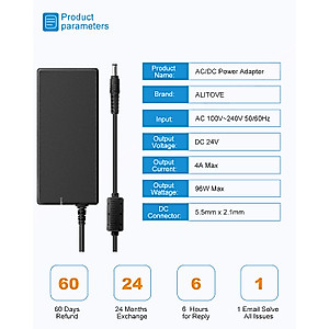 ALITOVE 24V Power Supply 4A 96W AC/DC Adapter 100-240V AC to DC 24 Volt Converter 4amp 3.75A 3.5A 3.3A 3.2A Transformer 5.5x2.5mm for LED Strip CCTV Camera LCD Monitor Massage Chair