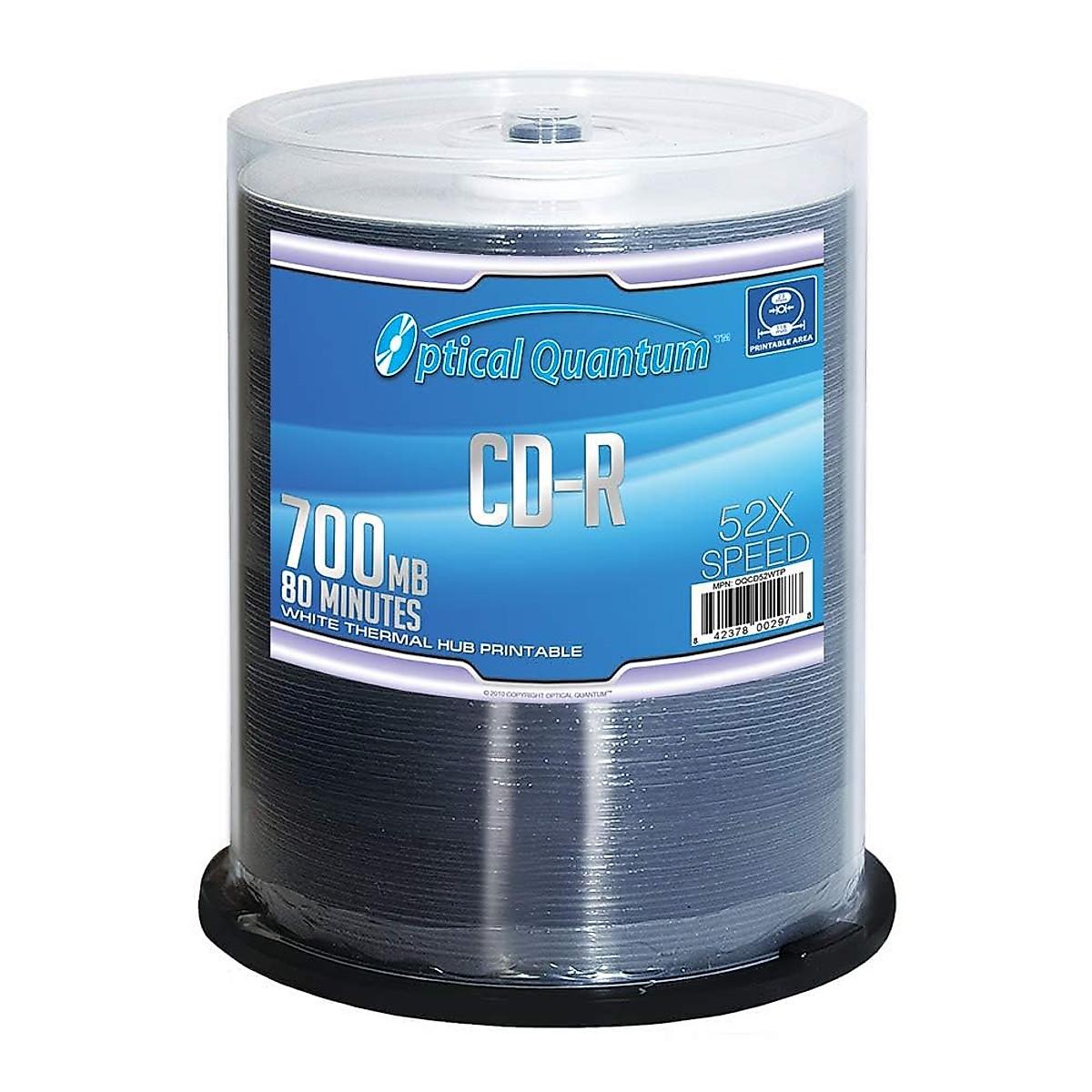 Optical Quantum CD-R 700MB 52X White Thermal Hub Printable - 100 Disc Cake Box OQCD52WTP