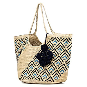 Olivia Miller Women's Fashion Maggy Natural Beige w Geometric Print Straw Jute Tote Bag w Top Handles, Medium Boho Casual Purse Handbag