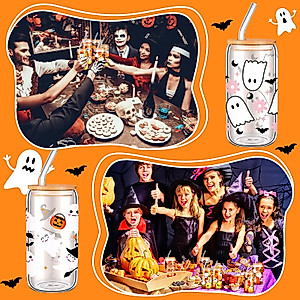 SiliFine 6 Pcs Halloween Drinking Party Glasses 16 oz Ghost Pumpkin Glass Cup with Bamboo Lid and Glass Straw Spooky Can Shaped Beer Glass Bat Mason Jar Glass Cups for Halloween Party Gift
